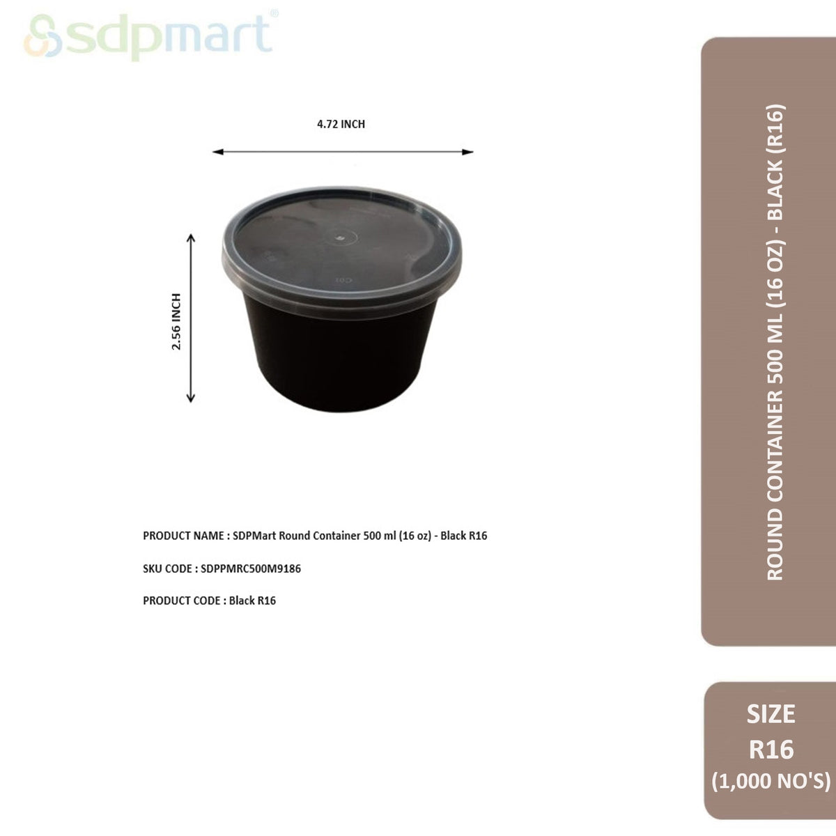 SDPMart Round Container 500 ml (16 oz) - Black R16 – Priyum Products ...
